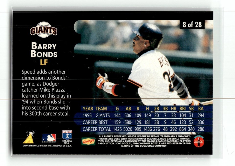 1996 Pinnacle Denny's Holograms #8 Barry Bonds San Francisco Giants ...