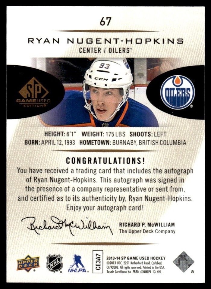 2013-14 SP GAME USED AUTO Ryan Nugent-Hopkins Auto Edmonton Oilers #67 ...
