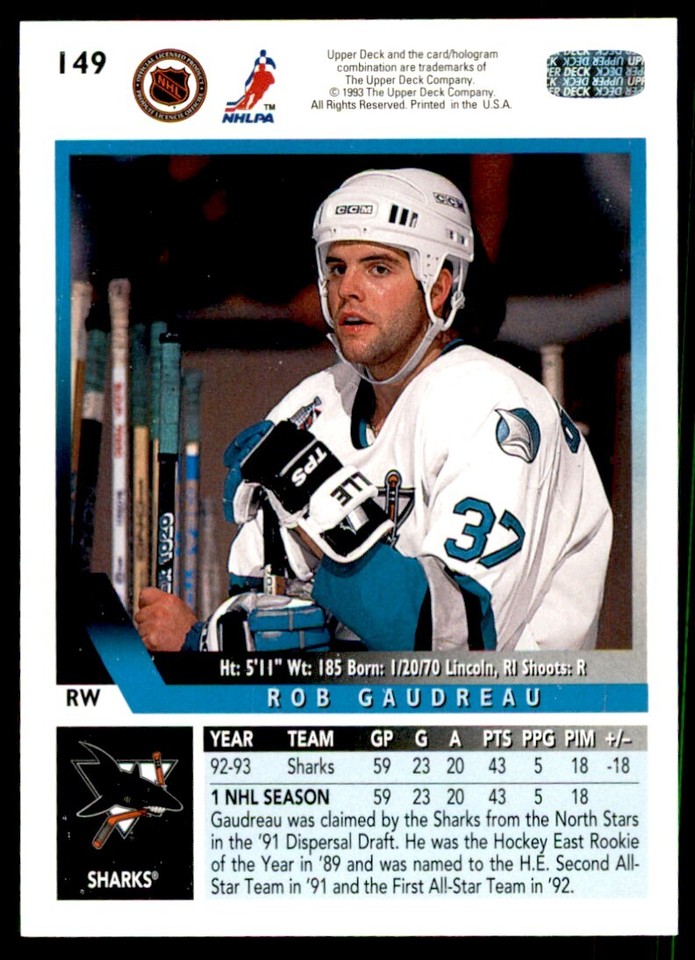 1993-94 Upper Deck Rob Gaudreau Rookie San Jose Sharks #149 | eBay
