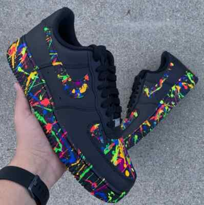 Air Force 1 Custom Black Shoes Rainbow Multicolor Neon Splatter Mens ...