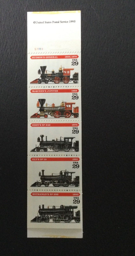 US 1994 LOCOMOTIVES P# BOOKLET PANE 5 STAMPS (ATTACHED TO BKLET); SC ...