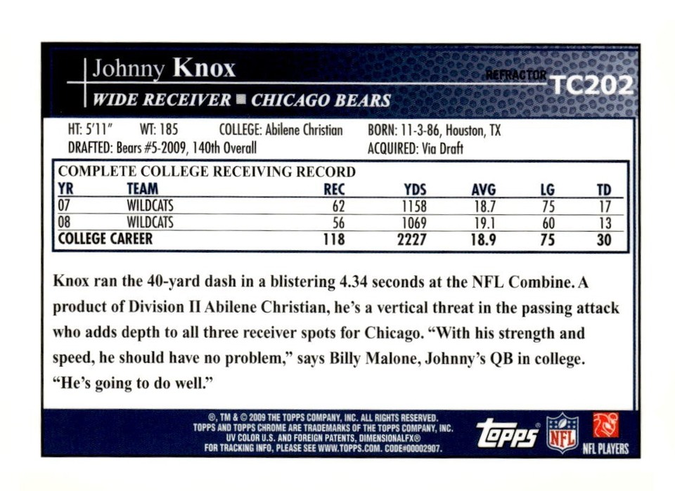 FB Johnny Knox 2009 Topps Chrome Xfractors #TC202 | eBay