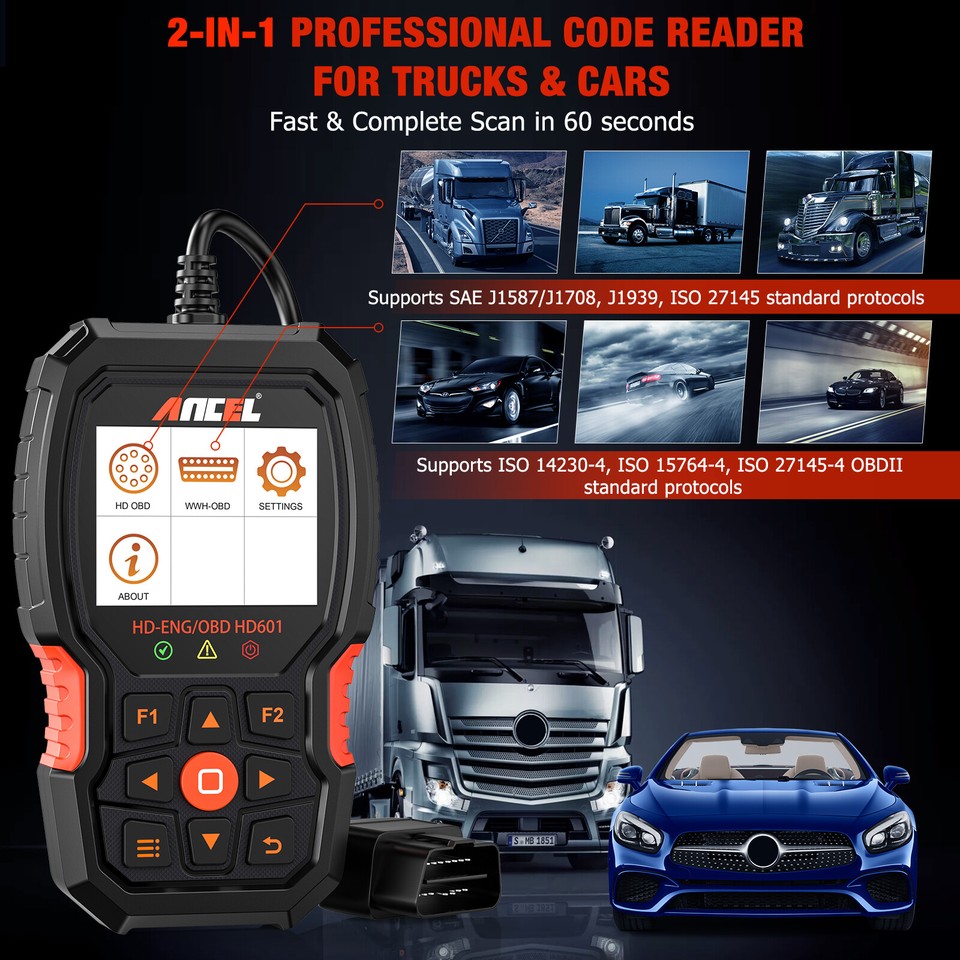 ANCEL HD601 OBD Heavy Duty Truck Scanner All System Code Read ABS DTC ...