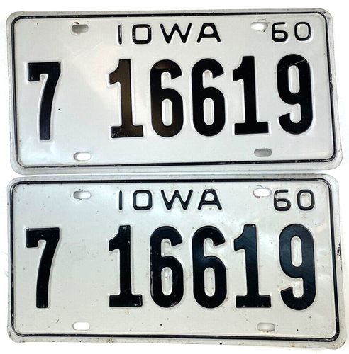 Vintage 1960 Iowa Auto License Plate Set Black Hawk Co. Garage Decor ...