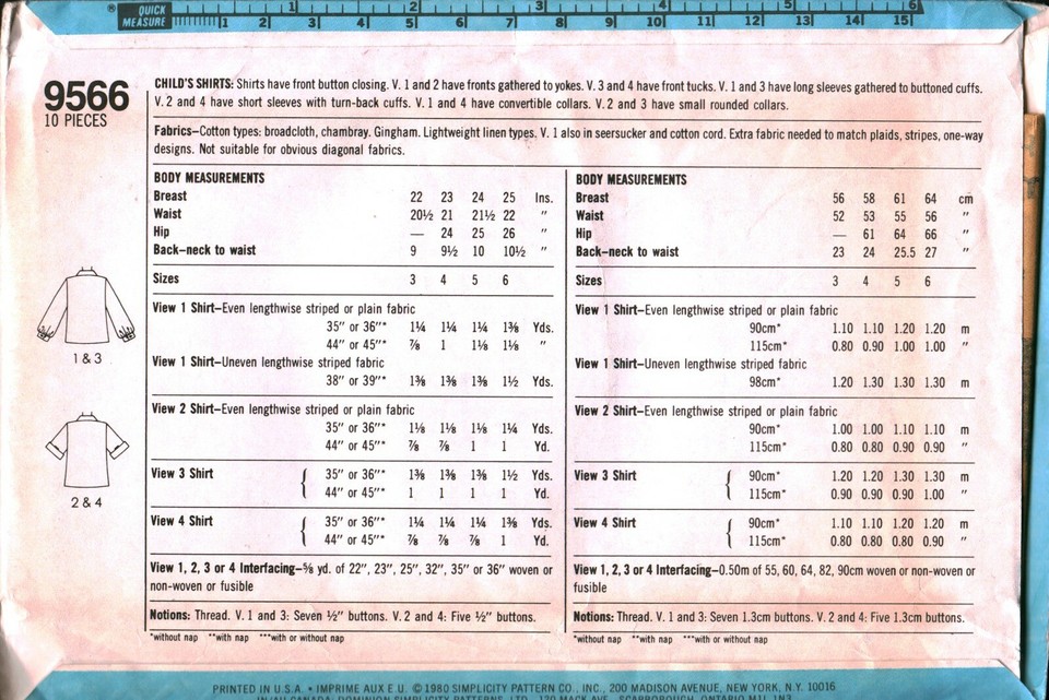 9566 Vintage Simplicity Sewing Pattern Girls Front Buttoned Shirt ...