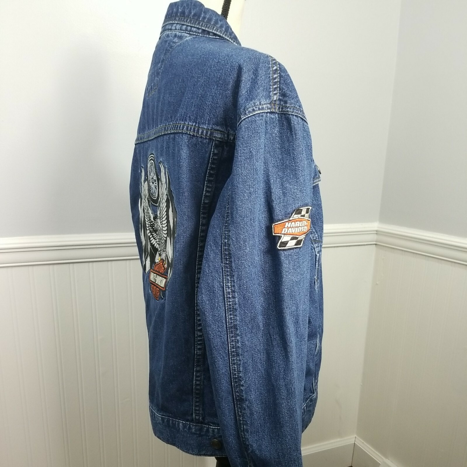 Harley Davidson Racing Flag Silver Eagle Denim Jacket… - Gem