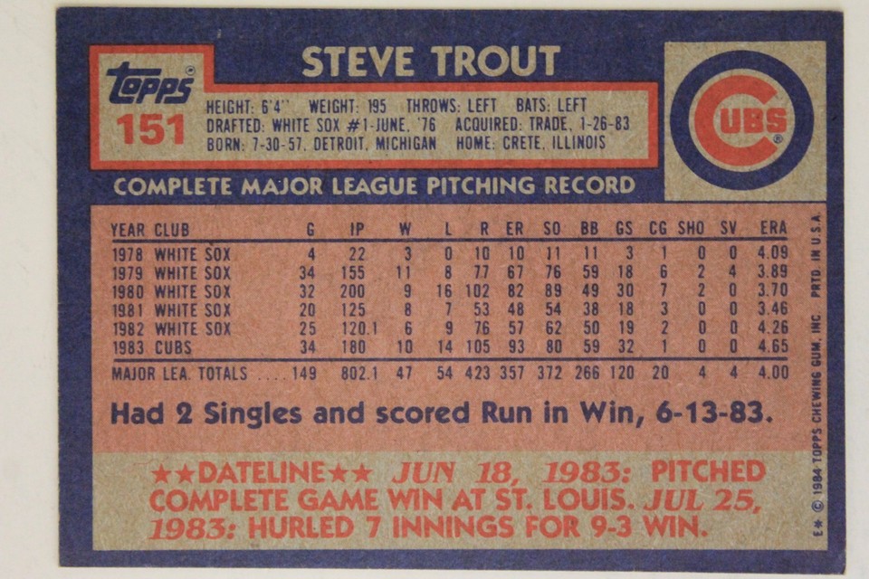 STEVE TROUT Chicago Cubs Autograph 1984 Topps #151 Signed Card 16G | eBay