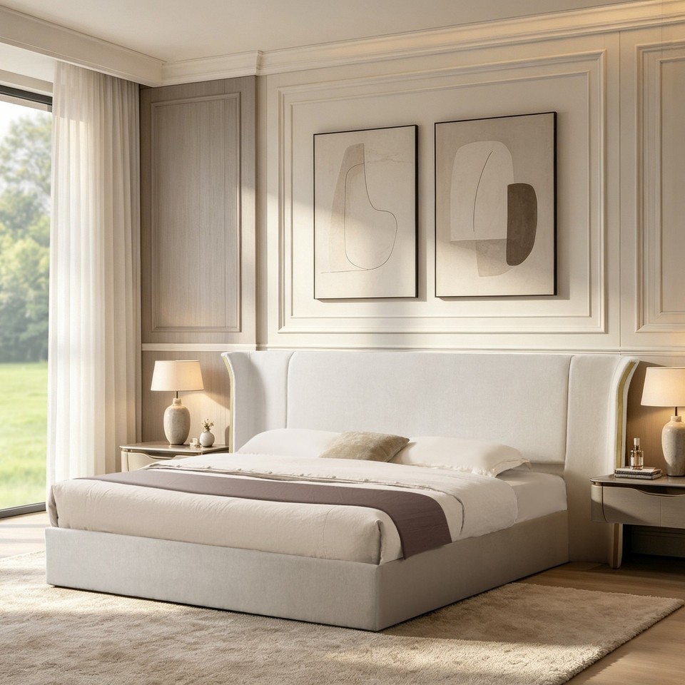 Queen/King Bed Frame Fabric Upholstered Wingback Headboard No Box ...