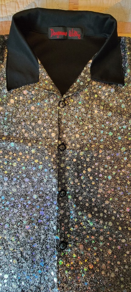 Dangerous Willie Black Metallic Sheer Rave Disco Short Sleeve Button ...