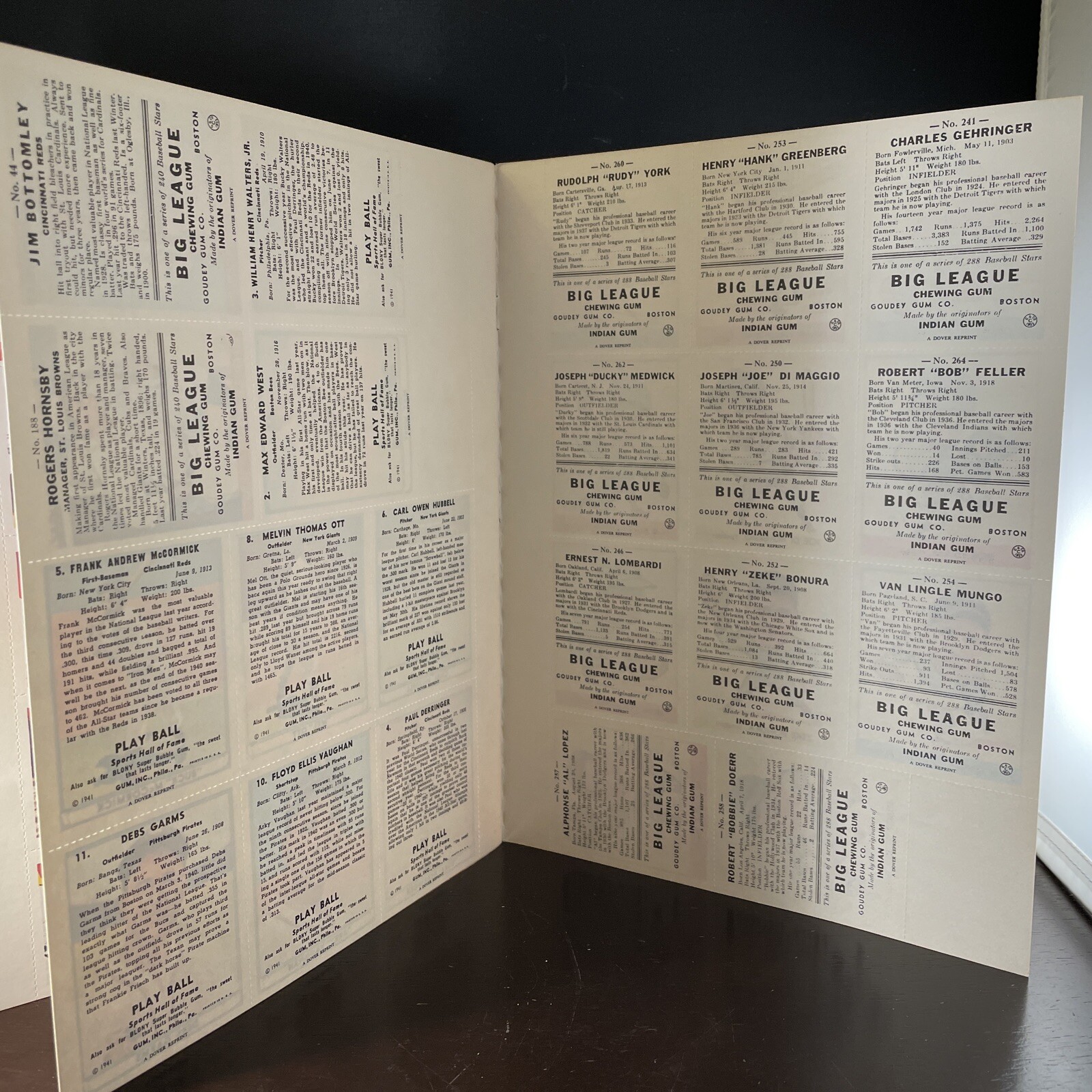 Lot of 8 uncut sheets Babe Ruth Lou Gehrig Big League Chewing Gum Dover ...