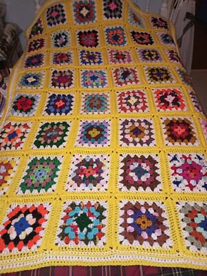 NEW HAND MADE BRIGHT YELLOW Multi-Color GRANNY SQUARES AFGHAN (lot#125 ...