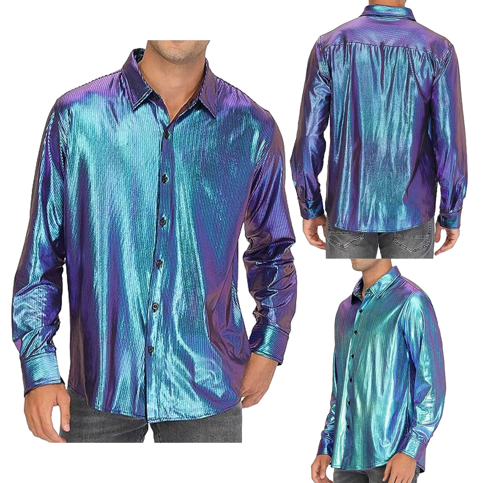 Mens 70s Disco Party Shirts Metallic Glossy Button Down T-shirt Luxury ...