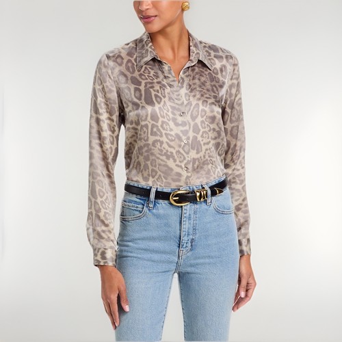 L’Agence Tyler Silk Split Neck Tonal Gray Leopard Print Lg Blouse Quiet ...