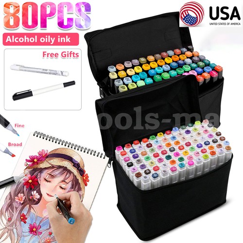80 Colors Markers Set Alcohol Dual Tips Coloring Brush Fineliner Color ...