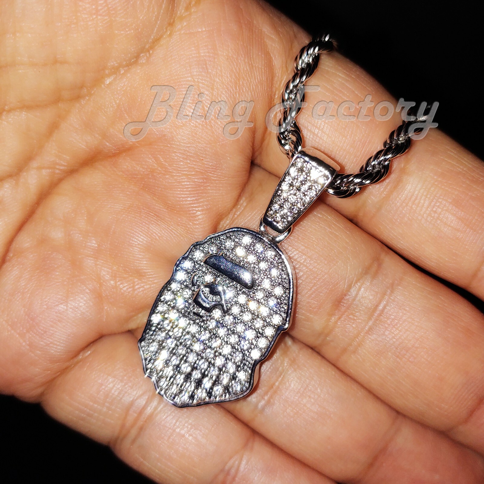 Hip Hop Jewelry Iced Gold & Silver PT BAPE Pendant & 4mm 24" Rope Chain ...