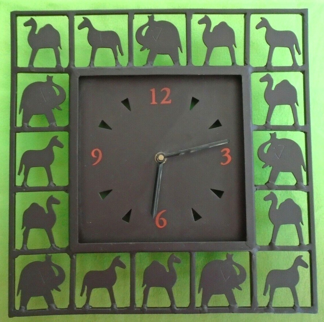 Square Black Metal Wall Clock Laser Cut Camels & Elephants Battery ...