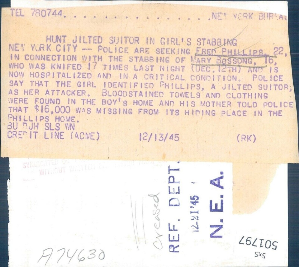 1945 Photo Fred Phillips Murder Suspect Stabbing Mary Bossong Crime ...