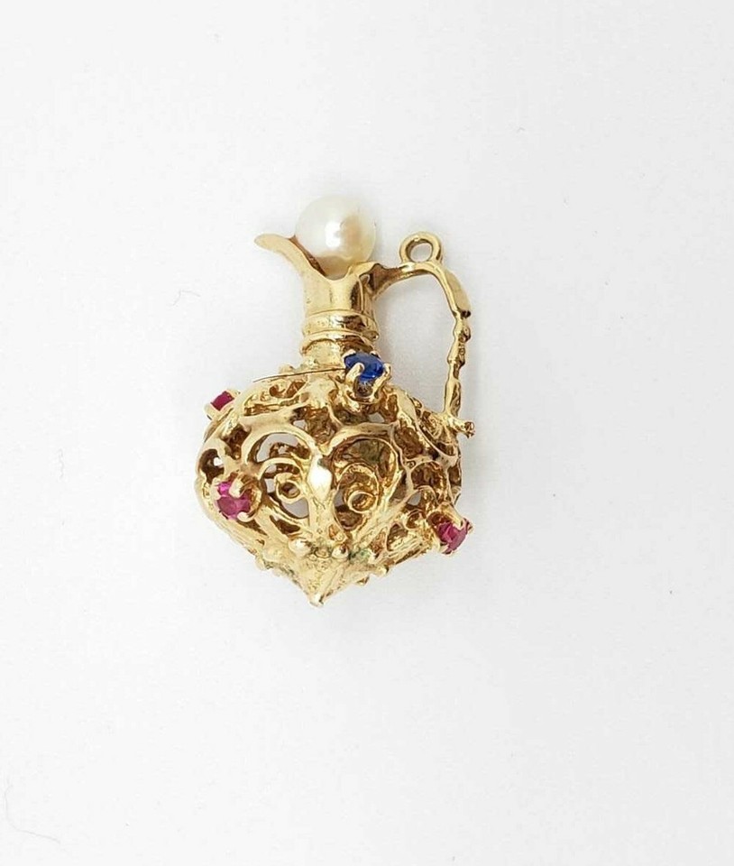 Vintage 14K Yellow Gold Filigree Multi-stone Water Pitcher Charm ...