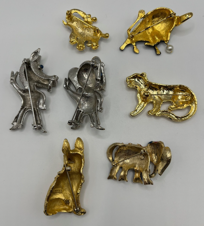 Unique Metal Animal Pins, Lot of 7, Elephants (3), Leopard, Bull ...