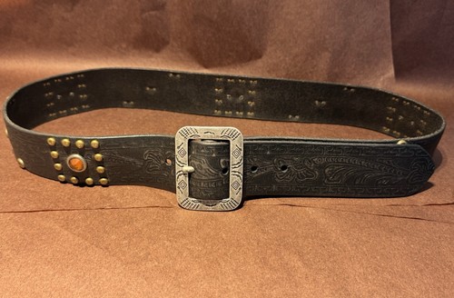 Double RL Westerns Hand tooled Leather Studded Gem Belt Square Buckle ...