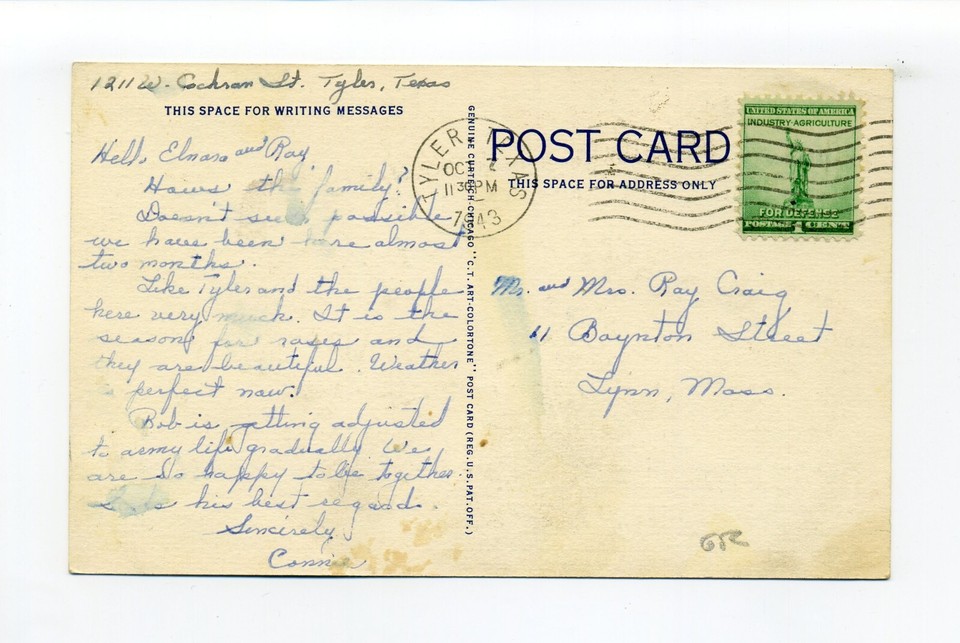 Tyler Texas 1943 postcard, Large Letter, Connie, 1211 W. Cochran Street ...