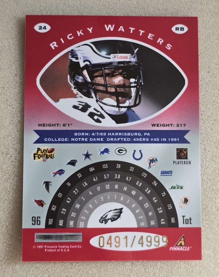 1997 Pinnacle RICKY WATTERS #24 Totally Certified Red SP #/4999 Eagles ...