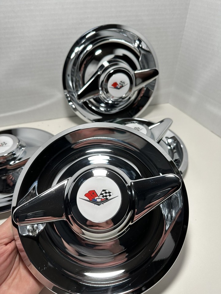 (4) 2 BAR SPINNERS CENTER CAPS FOR CHEVY RALLY WHEELS 7",WHITE FLAGS ...