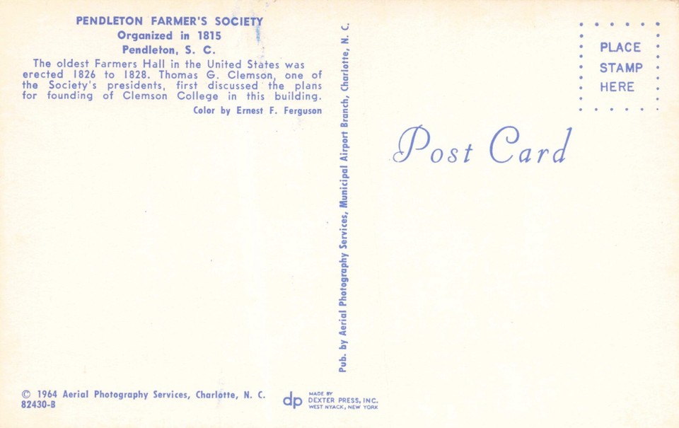Postcard SC Pendleton Farmer's Society Old Post Office Clemson c1964 ...