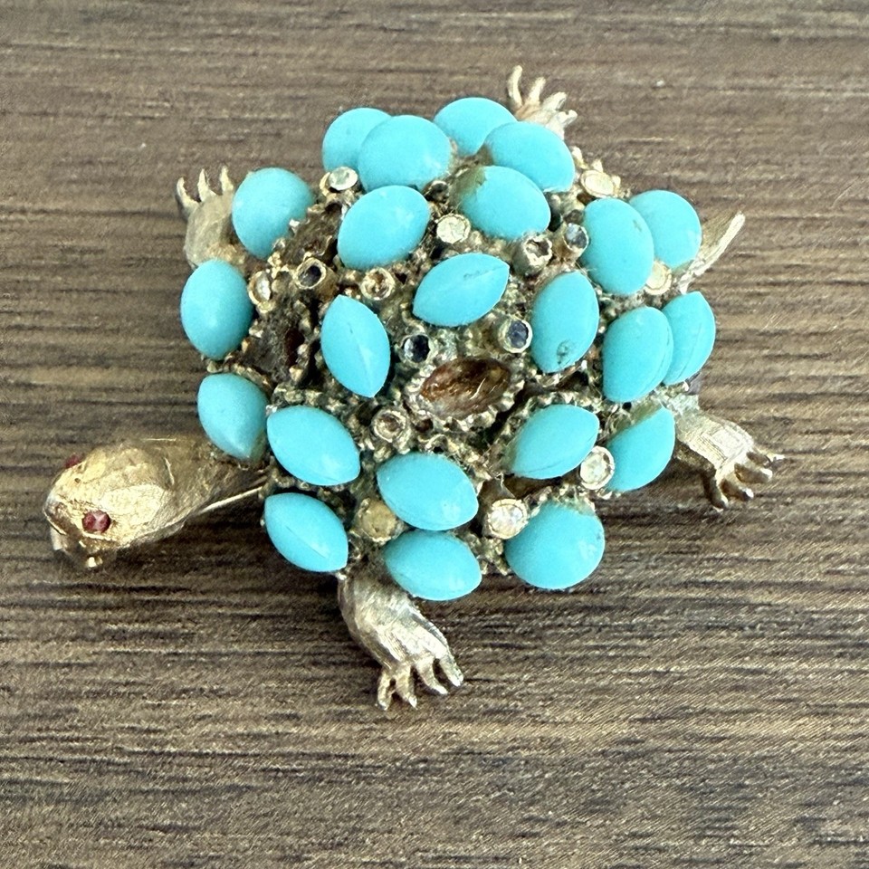 Vintage Signed HAR Turtle Brooch Turquoise Cluster Rhinestone Faux Ruby ...