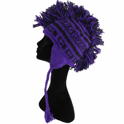 MOHAWK PUNK HAT WOOL HIPPIE FESTIVAL EARFLAP BEANIE FLEECE LINED PURPLE ...
