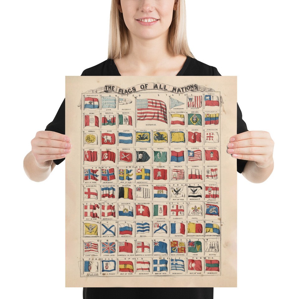 Old Flags of The World Chart (1865) Vintage Banners of Various Nations ...