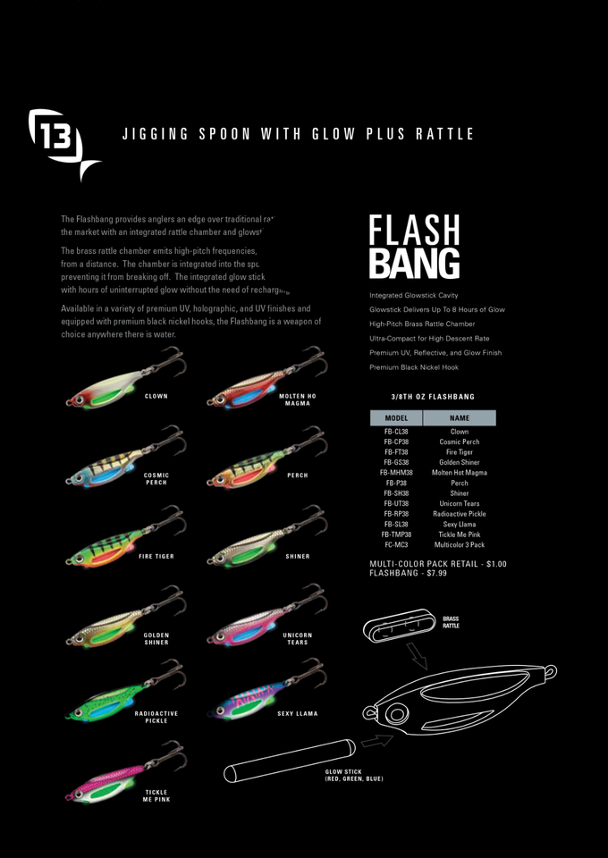 13 Fishing Flash Bang Spoon Tickle Me Pink 3/8 oz Ice Lure Glow Sticks ...