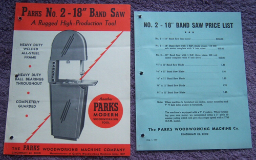 PARKS NO. 2 18-IN. BAND SAW AD SHEET & PRICE LIST 1947 | eBay