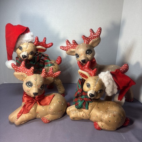 Vtg Christmas Kimple reindeer Set Of 4 Ceramic mold hand painted W/bows ...