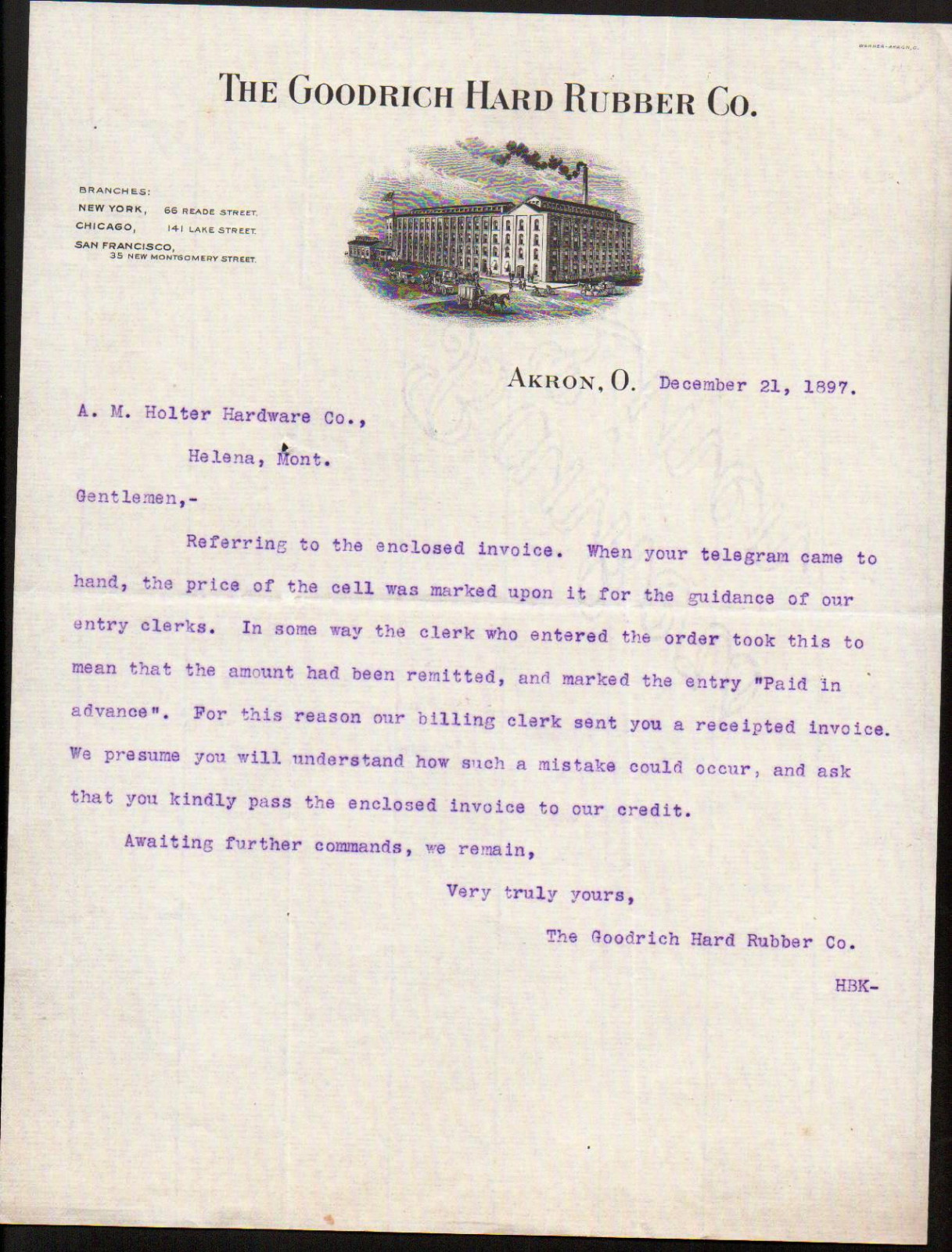 1897 Akron Ohio - Goodrich Hard Rubber Co - Vintage History Letter Head ...