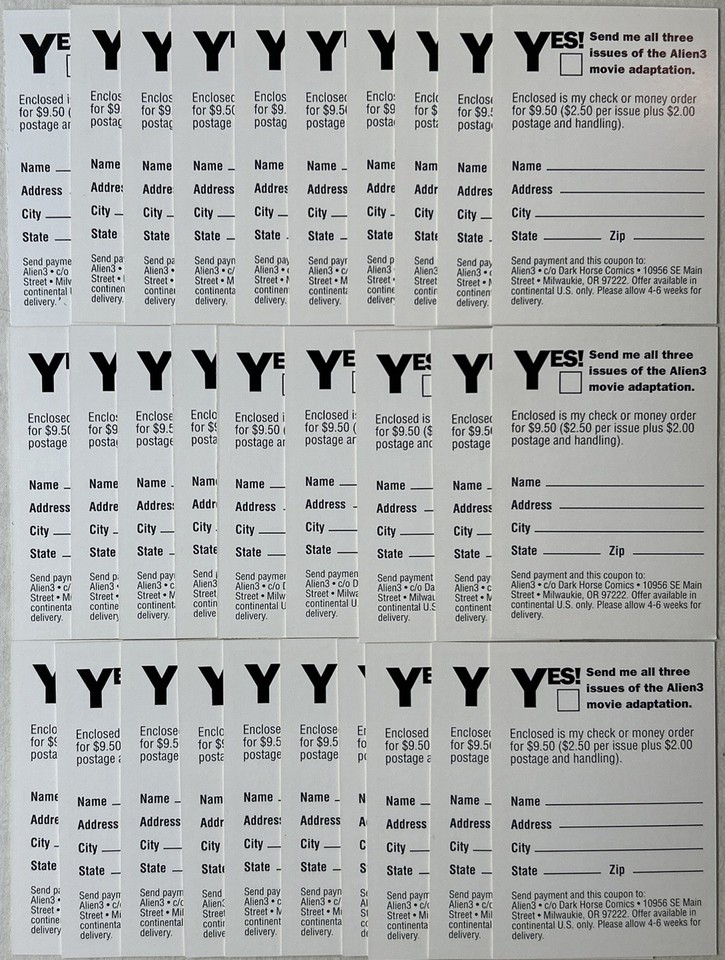 Alien 3 1992 Dark Horse Comics Promo Mail In Order Form Lot Of 29 Cards ...