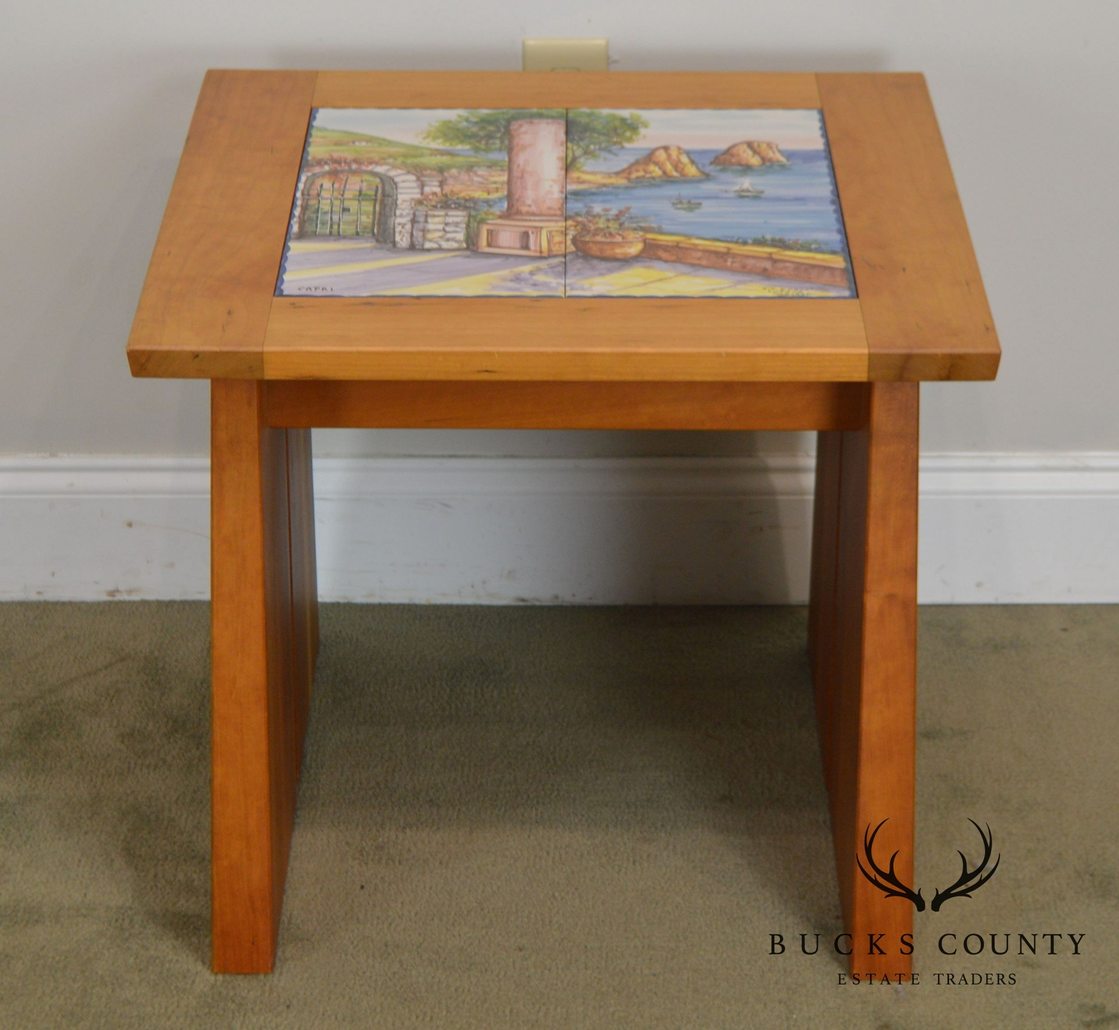 Studio Crafted Cherry Square Side Tables W/ Hand Painted Italian Capri ...