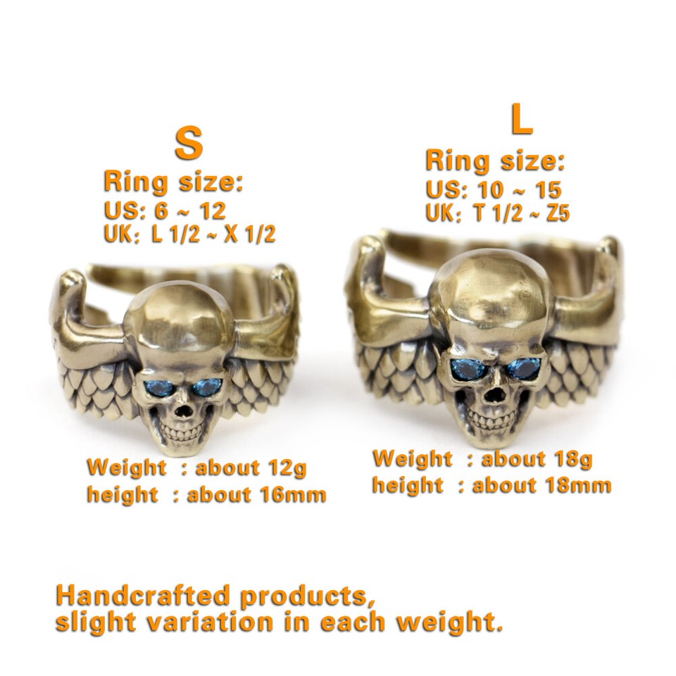 Blue CZ Eyes Brass Flying Skulls Wing Charms Ring BR446B UK Size L½~Z5 ...