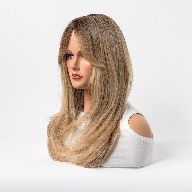 US Long Straight Ombré Light Blonde Synthetic Wigs with Bangs Hair 23 ...
