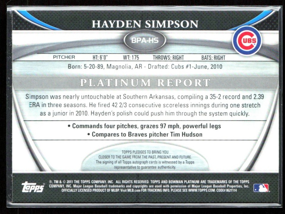 Hayden Simpson 2011 Bowman Platinum Auto B #BPA-HS Chicago Cubs | eBay