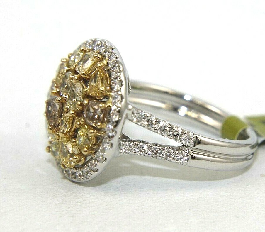 Natural Canary Yellow Round Diamond Cluster Mix Cut Ring 14k White Gold ...