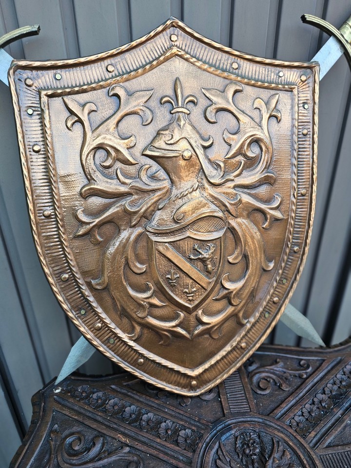 Vintage 70s copper metal shield coat of arms knight wall plaque deco | eBay
