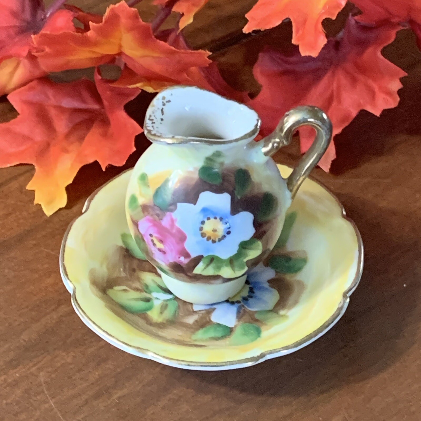 Vtg. Enesco Miniature Pitcher & Bowl Ceramic Porcelain Hand Painted 1. ...