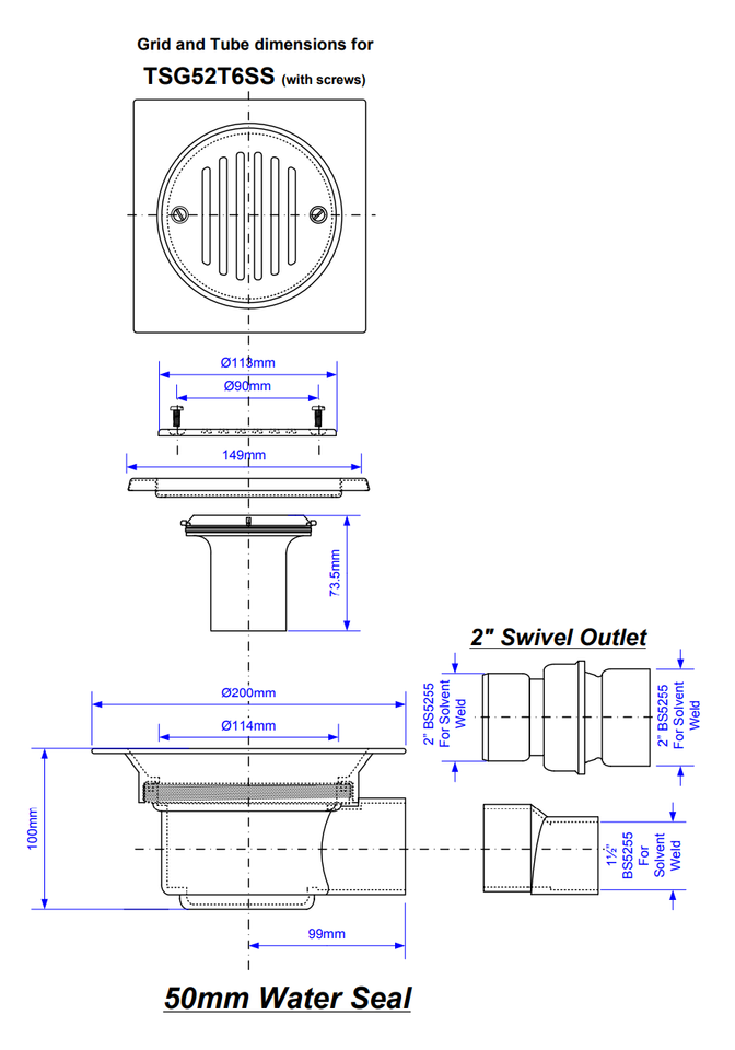 McALPINE Wet Room Shower Gully Drain TSG52T6SS for Tiled Floor ...