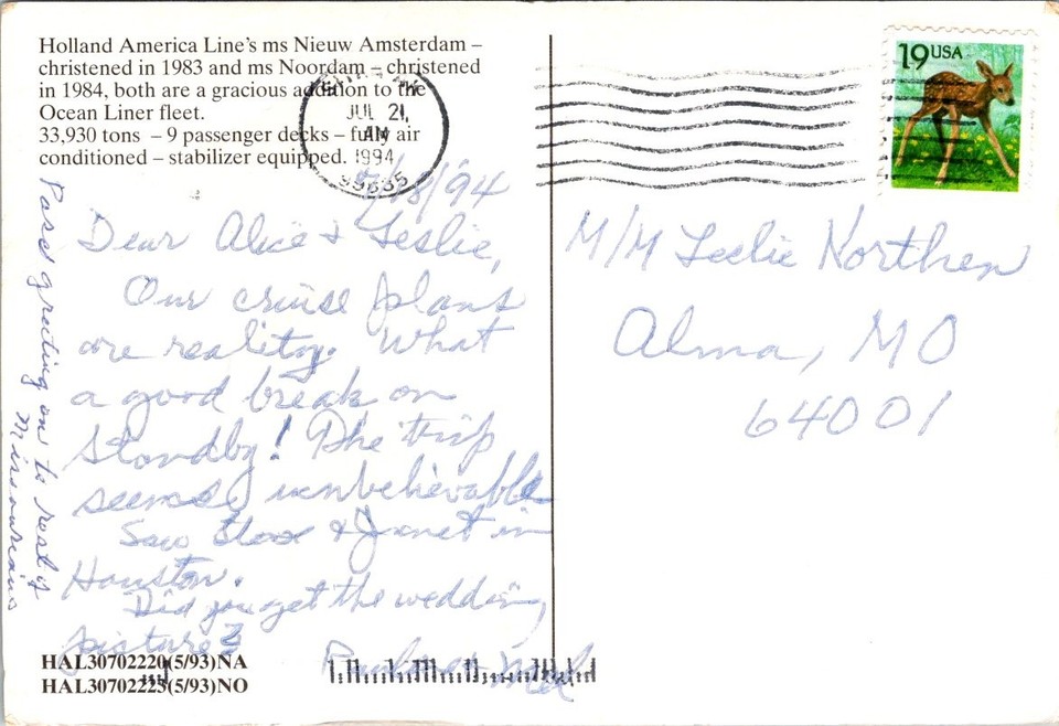 Holland America Line ms Nieuw Amsterdam Ship Ocean Continental Postcard ...