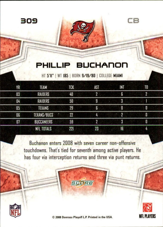 2008 Score Football Card #309 Phillip Buchanon | eBay