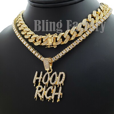 Hip Hop HOOD RICH Drip Pendant & 18" 1 Row & Iced Cuban Choker Chain ...