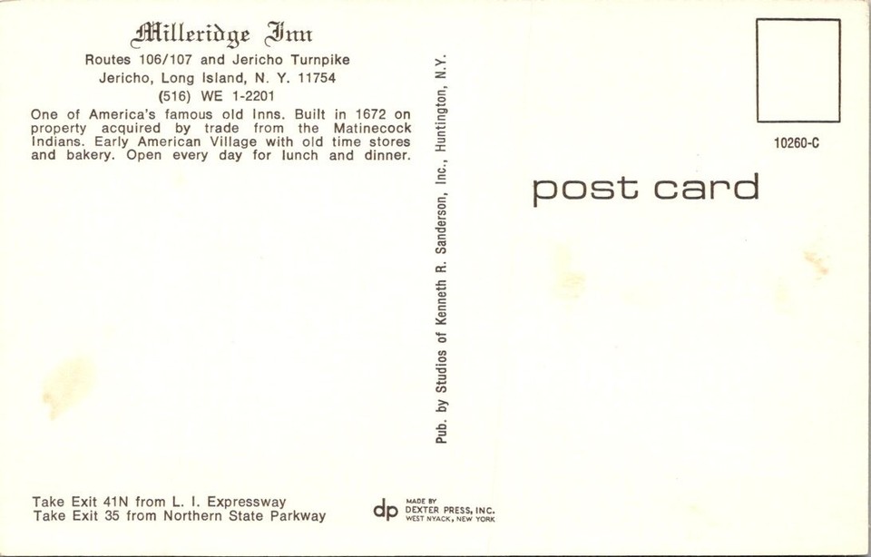 Postcard, Milleridge Inn,one of America,s famous old inns, Jericho,L.I ...