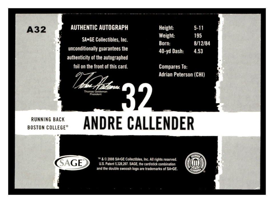Andre Callender 2008 SAGE HIT A32 AU Autographs Silver Auto | eBay