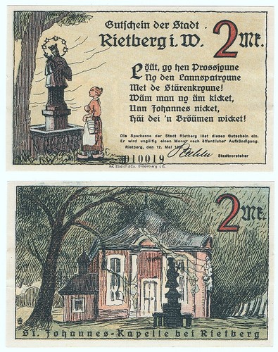 🍀RIETBERG 1921: "St. Johannes-Kapelle bei Rietberg", 2 Mark NOTGELD ...